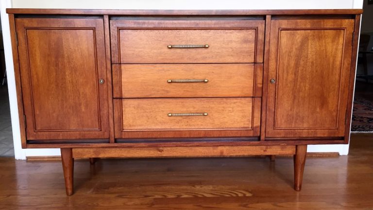 Mid Century Modern Pecan Credenza with Brass Hardware - EPOCH