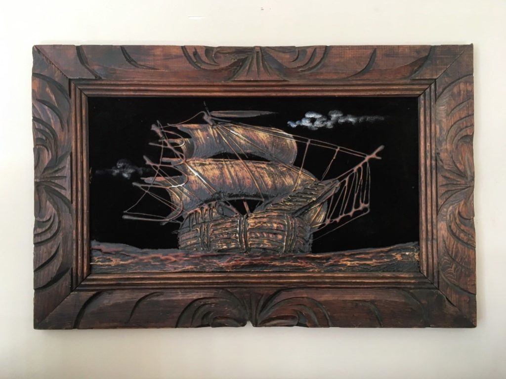 Mid Century Modern Black Velvet Ship Painting with Carved Wooden Frame ...
