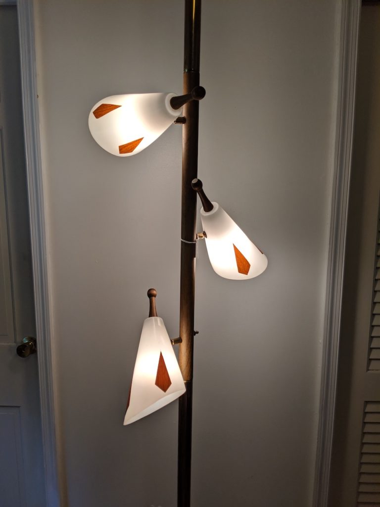 Mid Century Modern Ivory, Walnut Tension Rod Pole Lamp - EPOCH