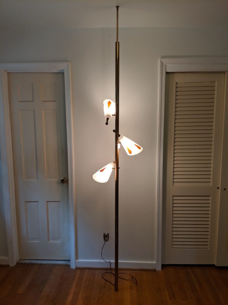 Mid Century Modern Ivory, Walnut Tension Rod Pole Lamp - EPOCH