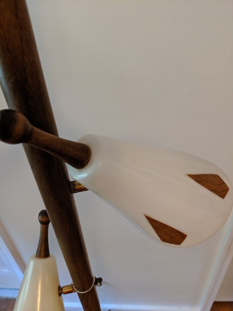 Mid Century Modern Ivory, Walnut Tension Rod Pole Lamp - EPOCH