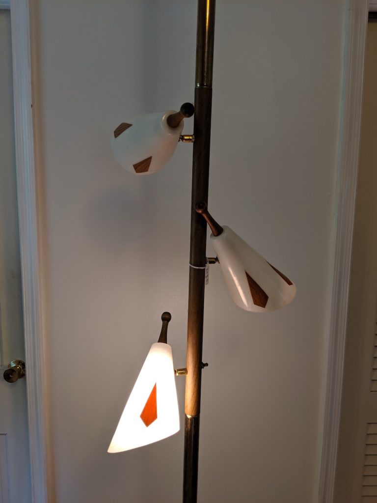 Mid Century Modern Ivory, Walnut Tension Rod Pole Lamp - EPOCH