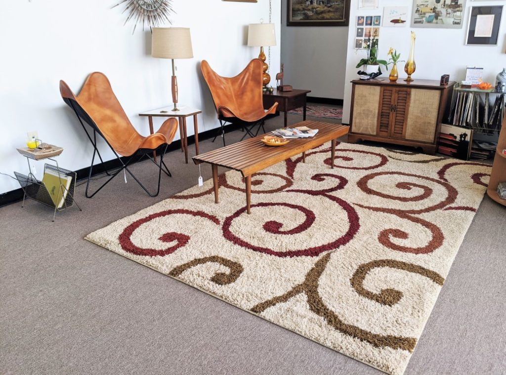Modern Shag Rug with Orange, Burgundy & Green Swirls - EPOCH