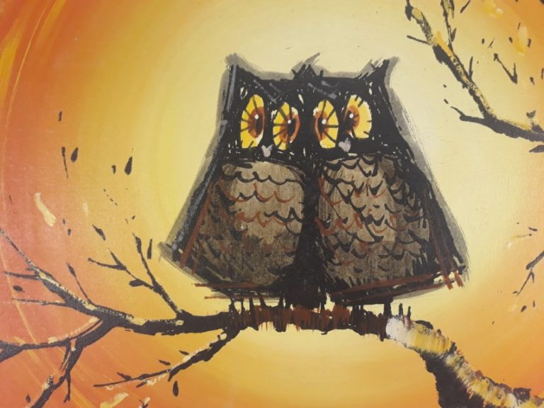 Vintage Oil Painting on Canvas of Owls, signed C. Roberts - EPOCH