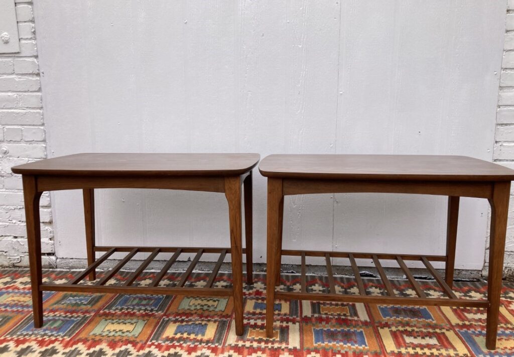 Pair Mid Century Modern Walnut & Laminate End Tables, Spindled Shelves ...